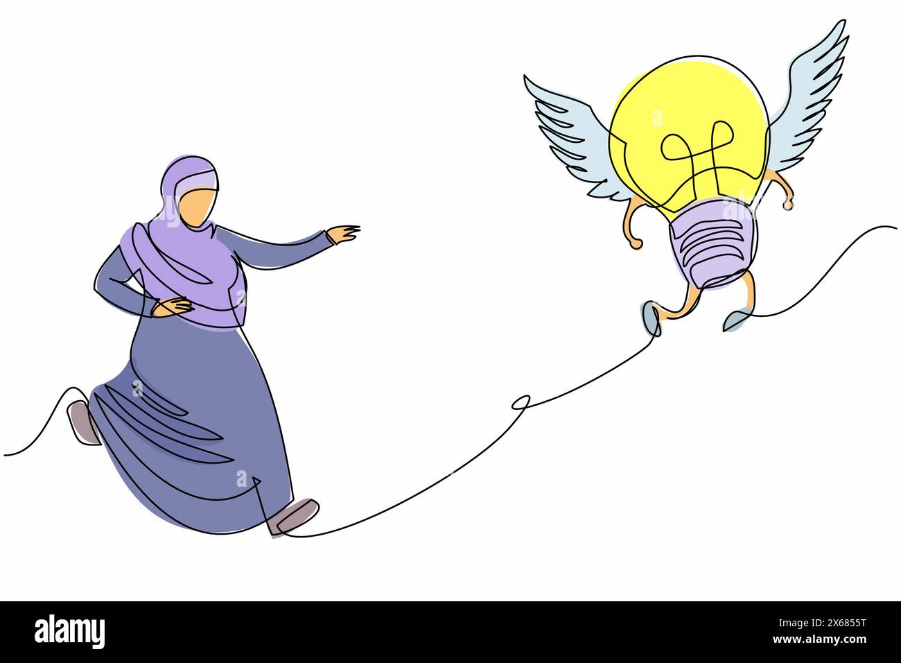 Continuous one line drawing Arab businesswoman chase flying light bulb ...