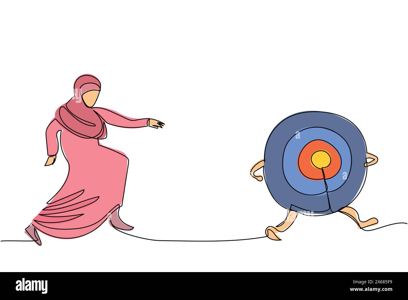 Single one line drawing Arabian businesswoman chasing dartboard target ...