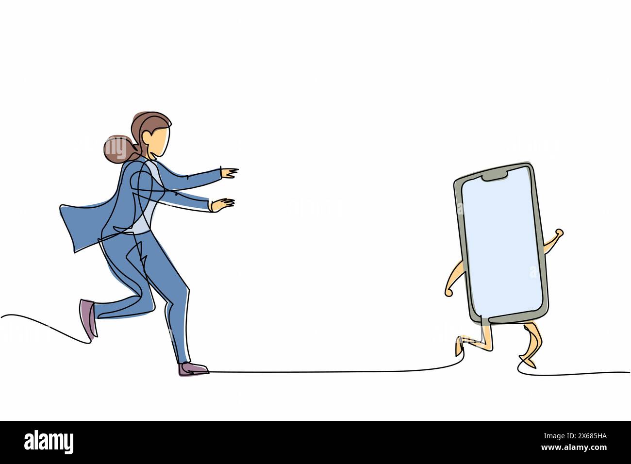 Single continuous line drawing businesswoman run chasing try to catch ...