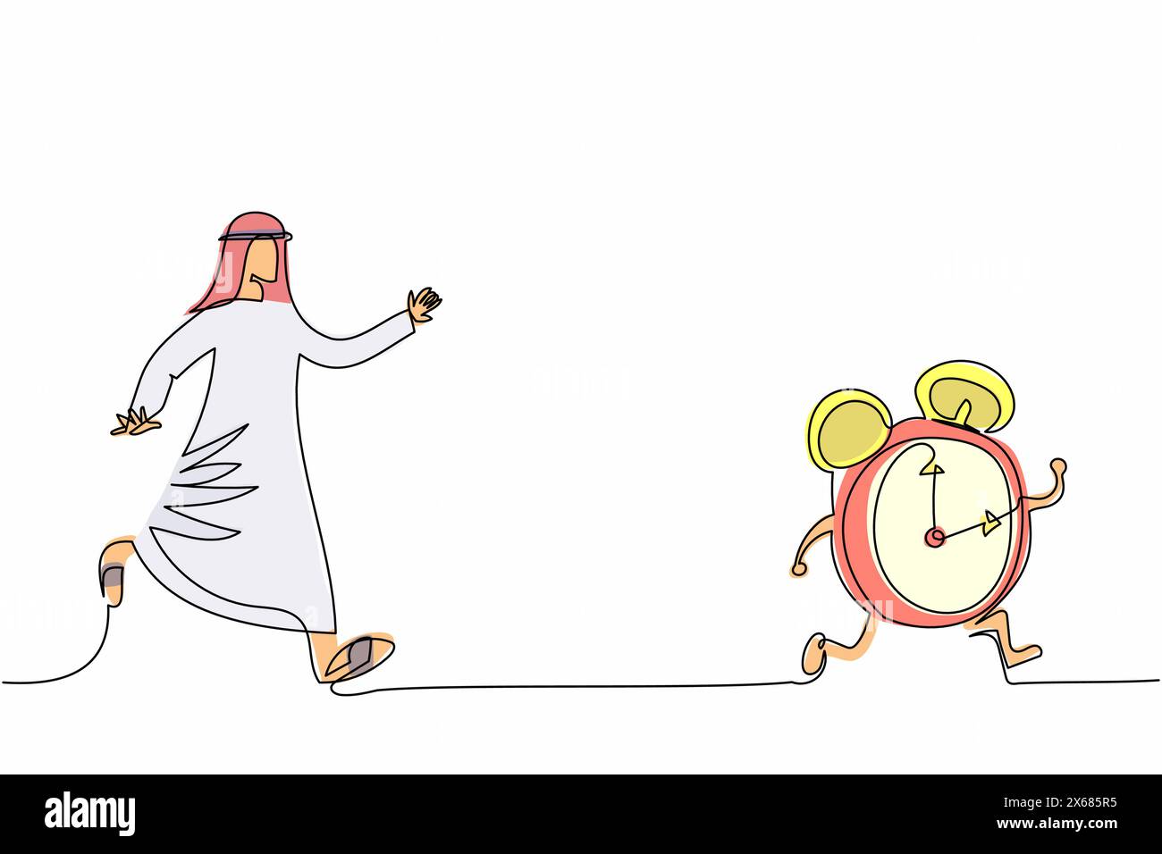 Continuous one line drawing Arabian businessman chasing alarm clock ...