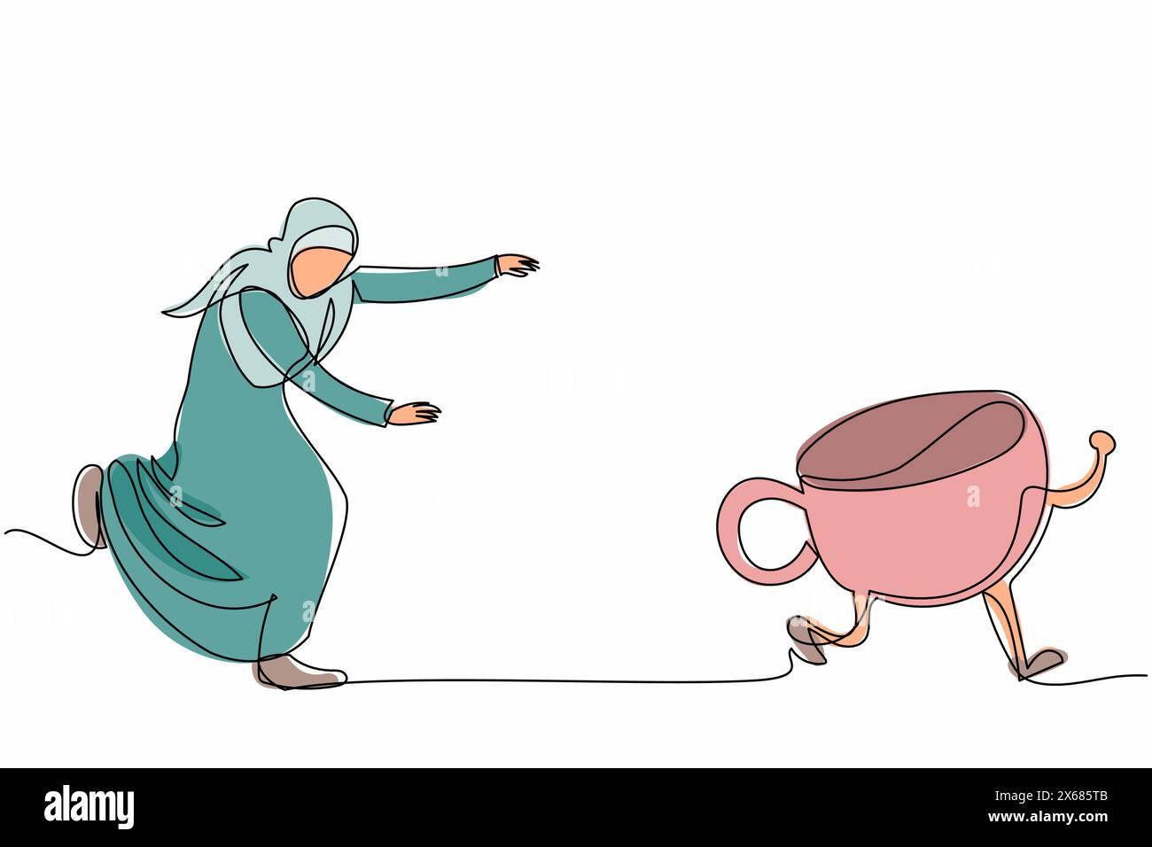 Continuous one line drawing Arab businesswoman run chase coffee cup ...