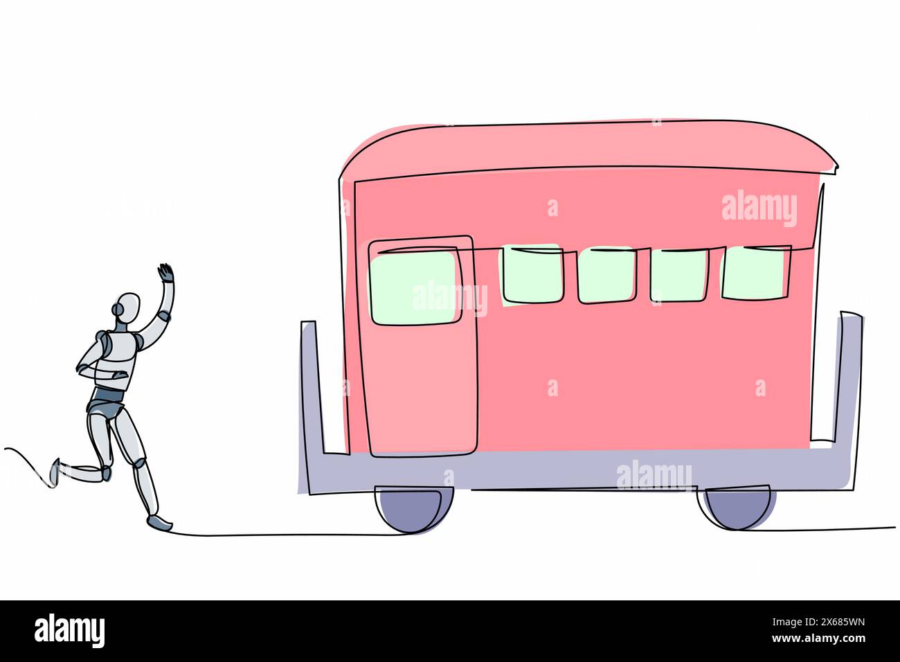 Continuous one line drawing robot run chasing train. Transport system ... Continuous one line drawing robot run chasing train. Transport system ...