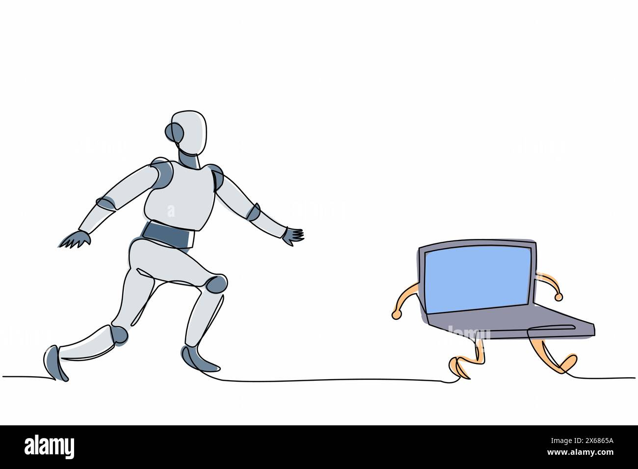 Single continuous line drawing robot chasing laptop computer. Deadline ...