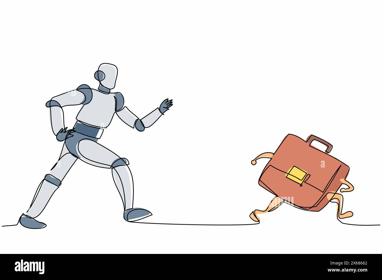 Single one line drawing robot running chasing briefcase. Leather ...