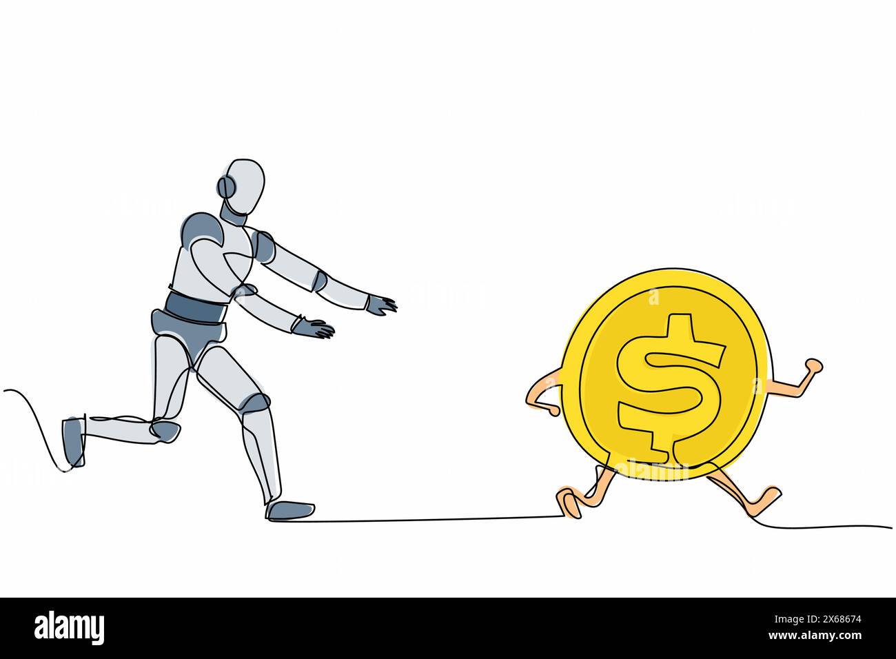 Continuous one line drawing robot chase dollar coin. Huge money in ...