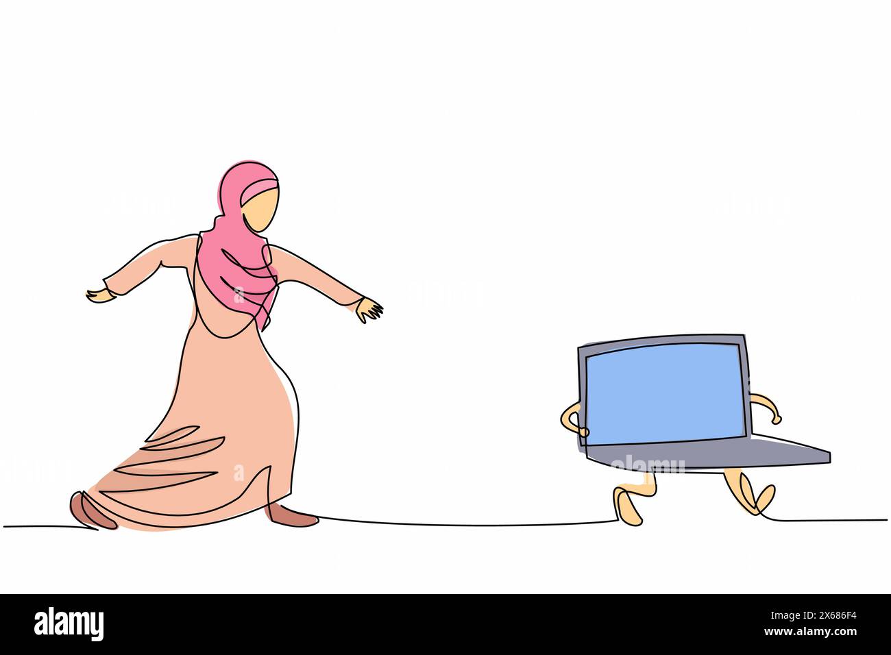 Single continuous line drawing Arab businesswoman try to chase laptop ...