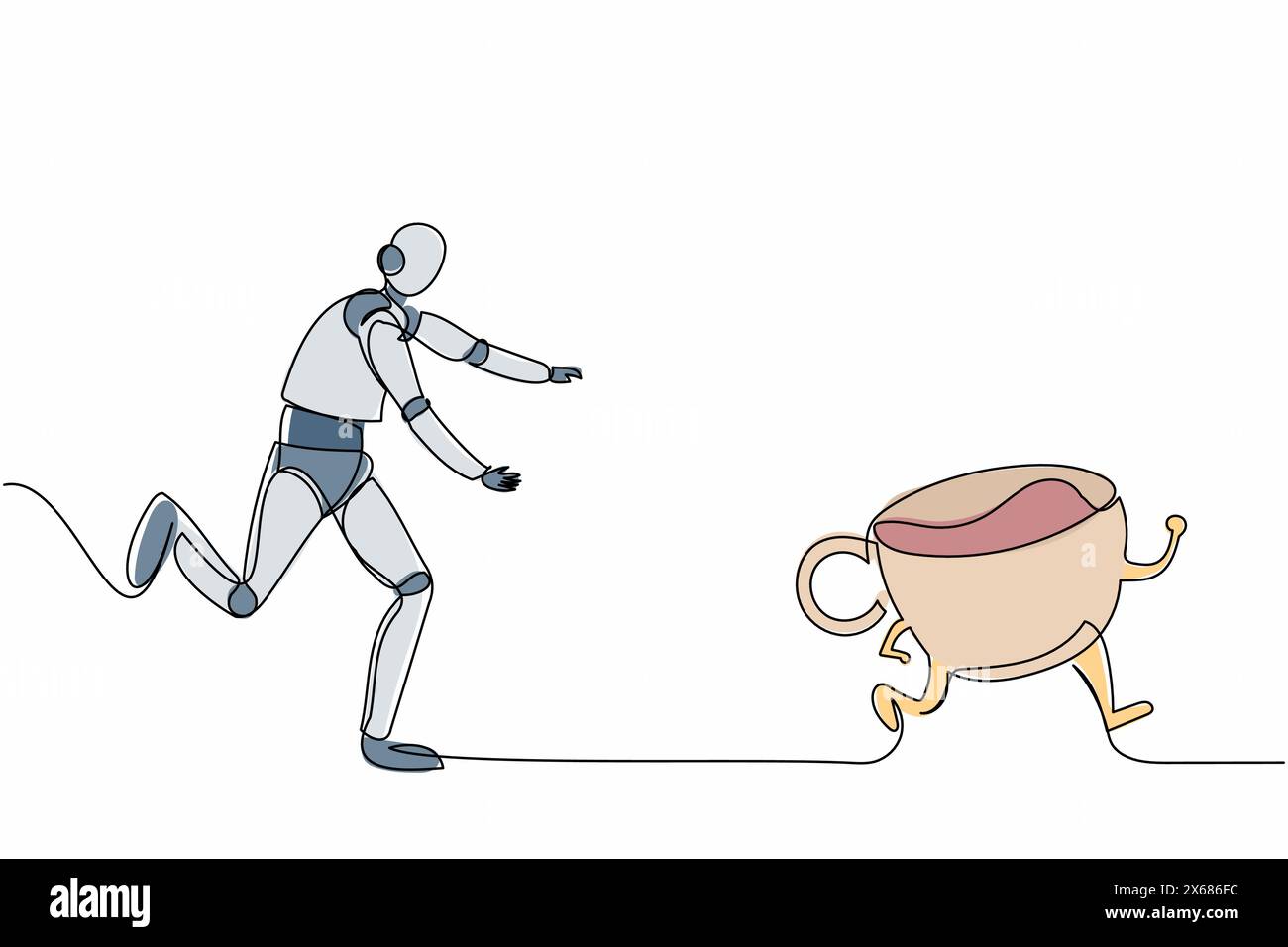 Continuous one line drawing robot run chase coffee cup. Digital ...