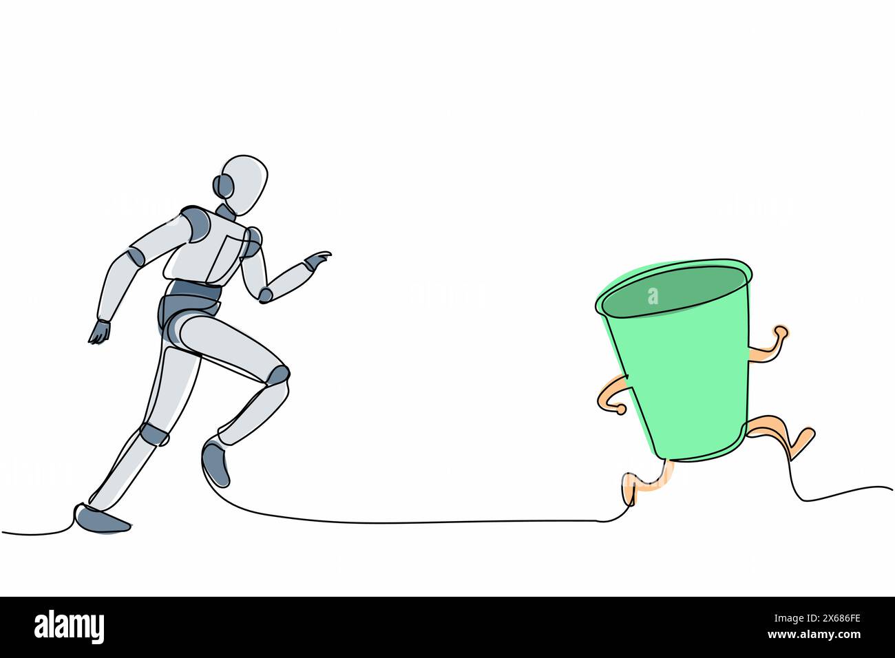 Single continuous line drawing robot run chasing paper cup. Recycling ...
