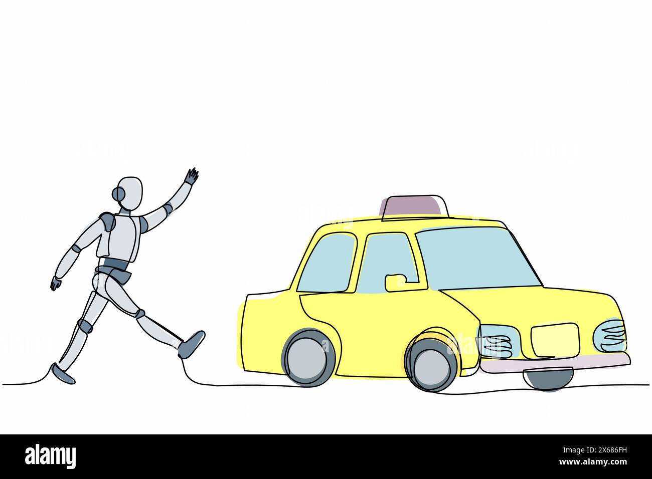 Single continuous line drawing robot run chasing rocket take off ...