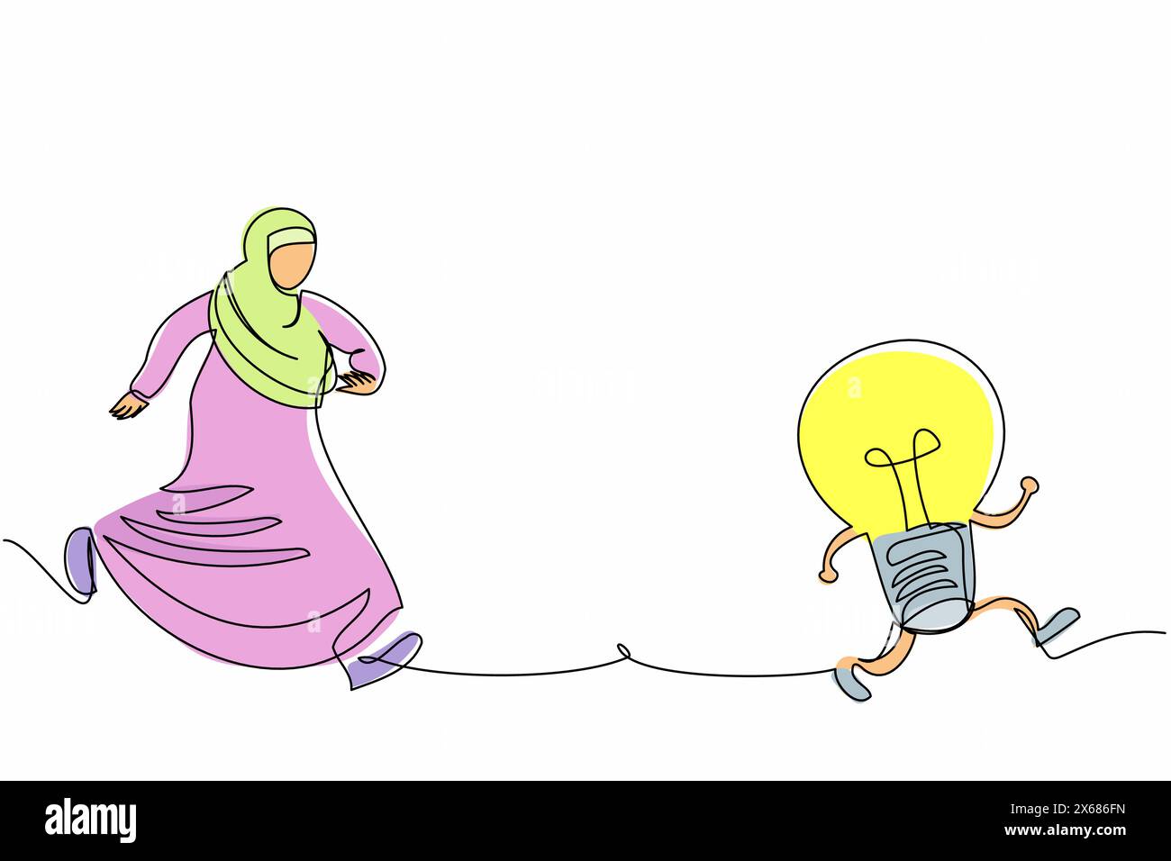 Single one line drawing Arab businesswoman chasing light bulb. Arabian ...