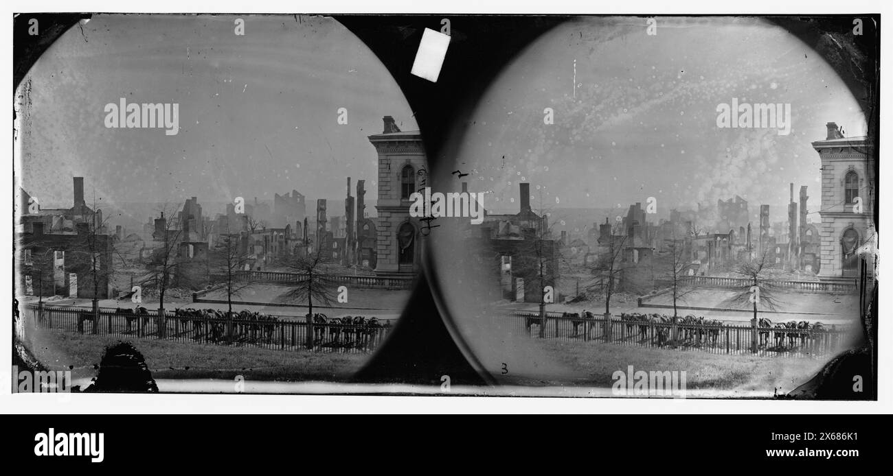 Richmond, Virginia. Burnt district. (horses hitched to iron fence on ...