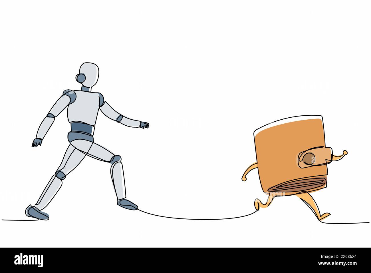Single continuous line drawing robot run chasing wallet. Digital e ...