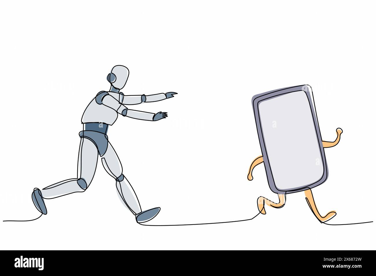 Single continuous line drawing robot run chasing smartphone ...