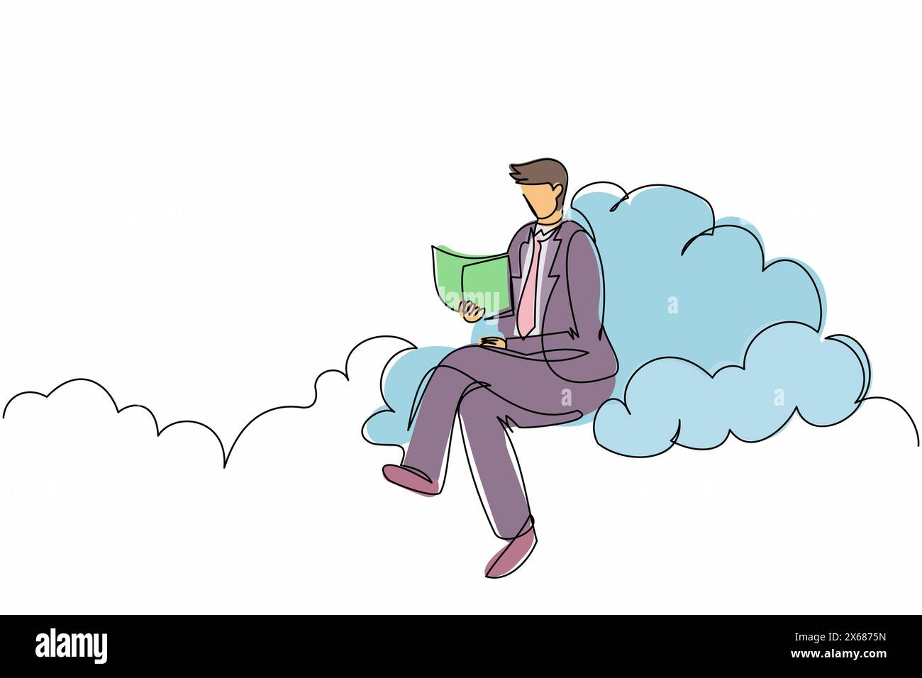Continuous one line drawing smart businessman sitting on cloud reading ...