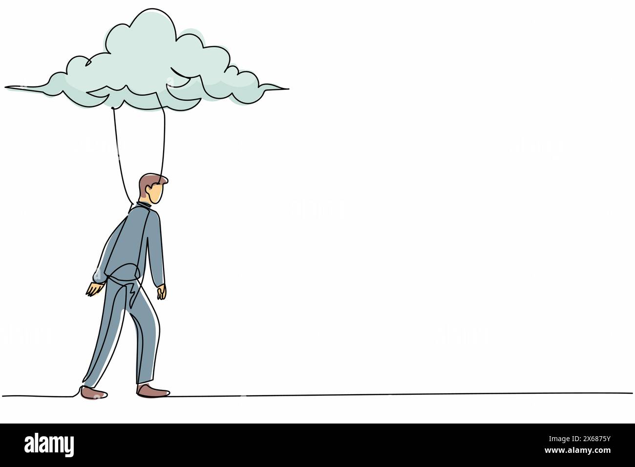 Single one line drawing unhappy depressed businessman walking under ...