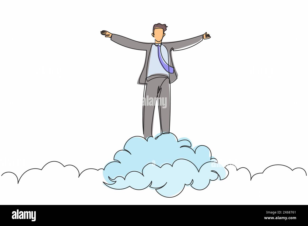 Continuous one line drawing happy businessman on top of cloud with ...