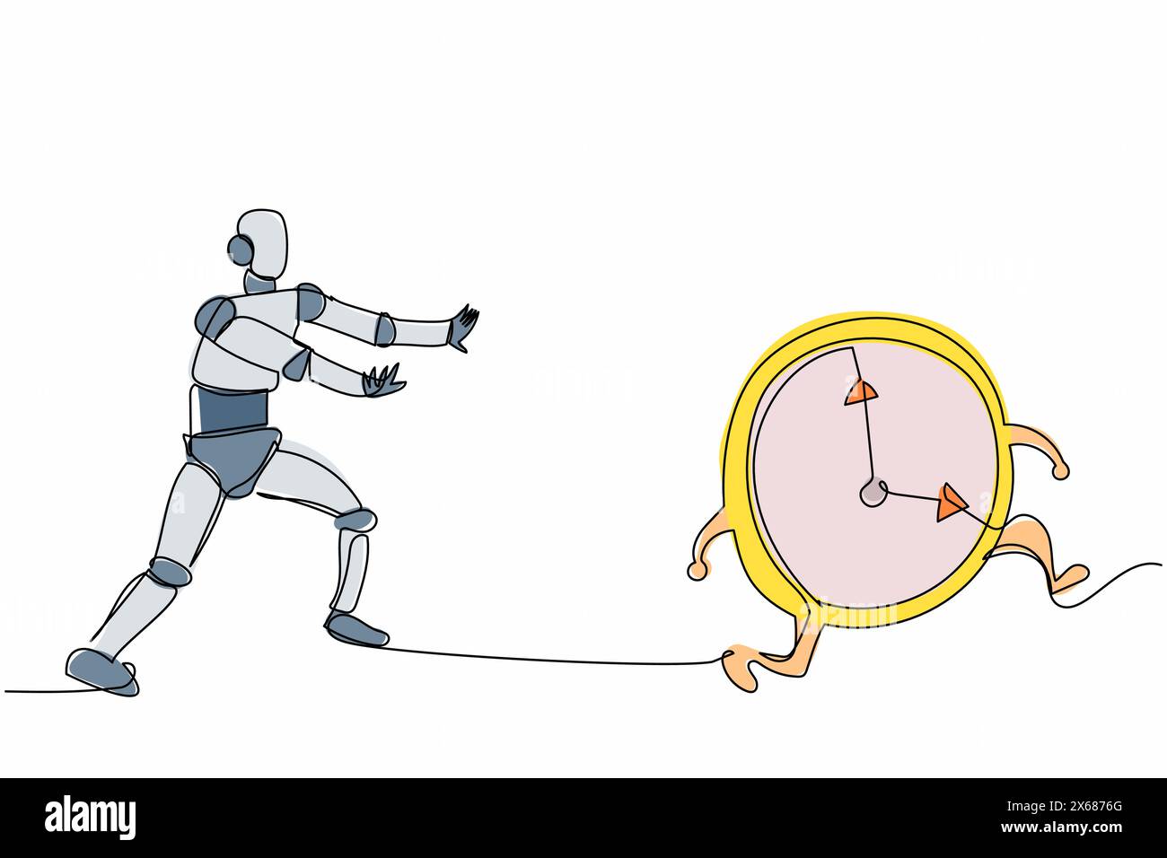 Single continuous line drawing robot chase clock time. Time management ...