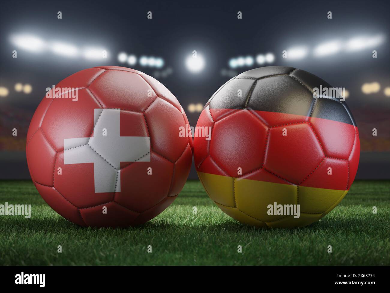 Two soccer balls in flags colors on a stadium blurred background. Group ...