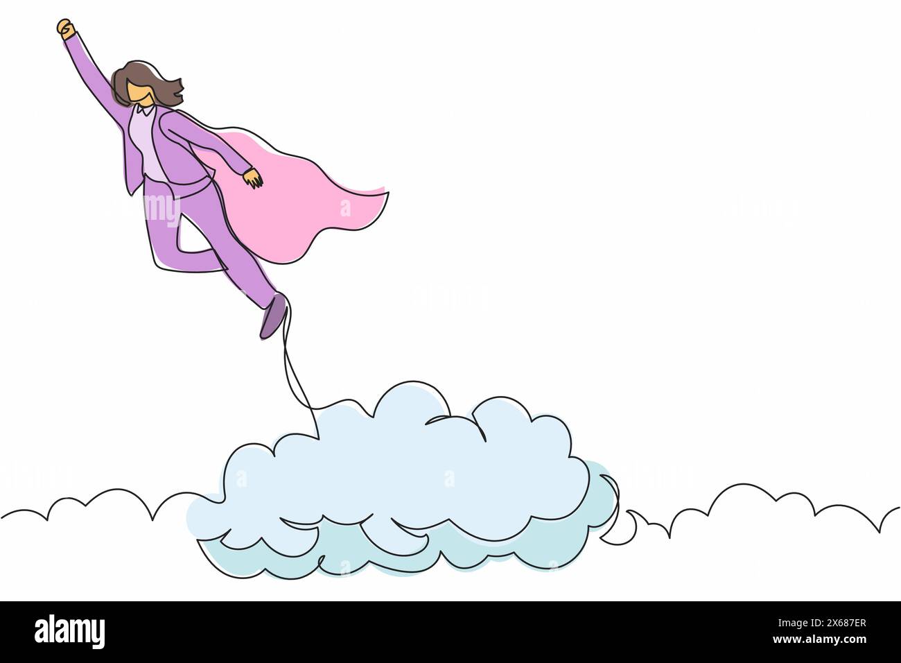 Single continuous line drawing strong businesswoman superhero flying up ...
