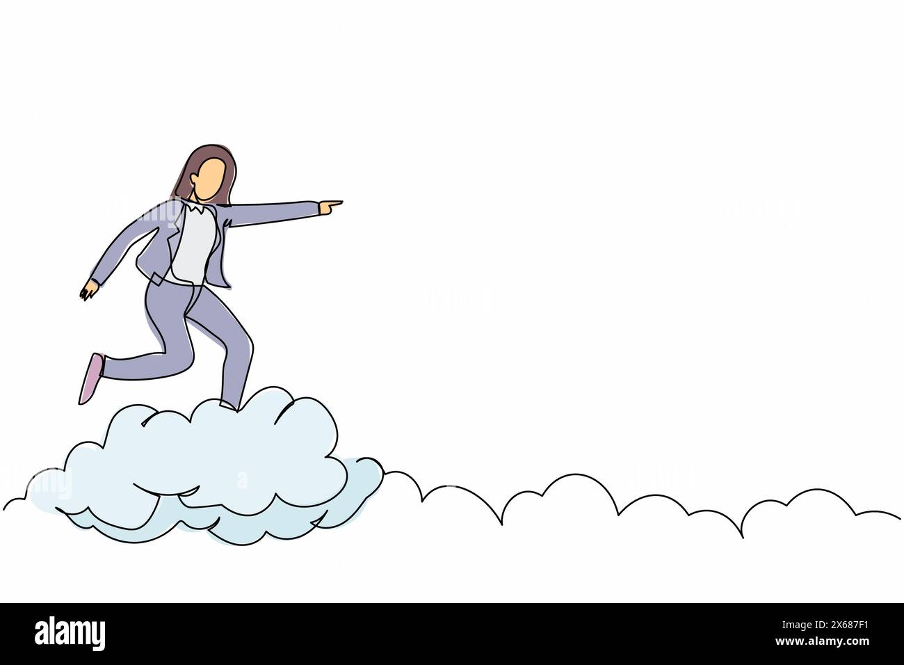 Single continuous line drawing successful businesswoman ride cloud ...