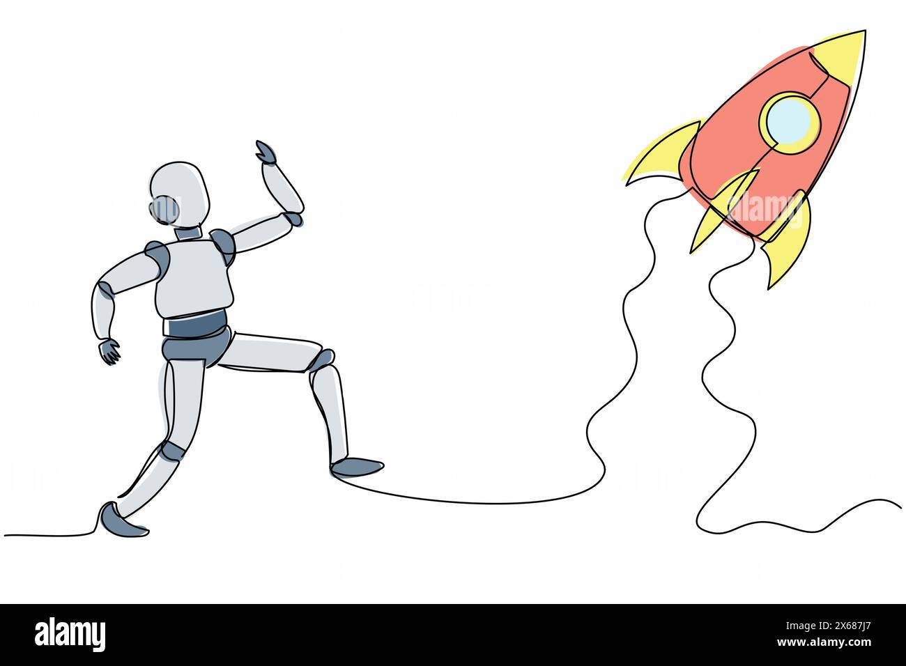 Single continuous line drawing robot run chasing rocket take off ...