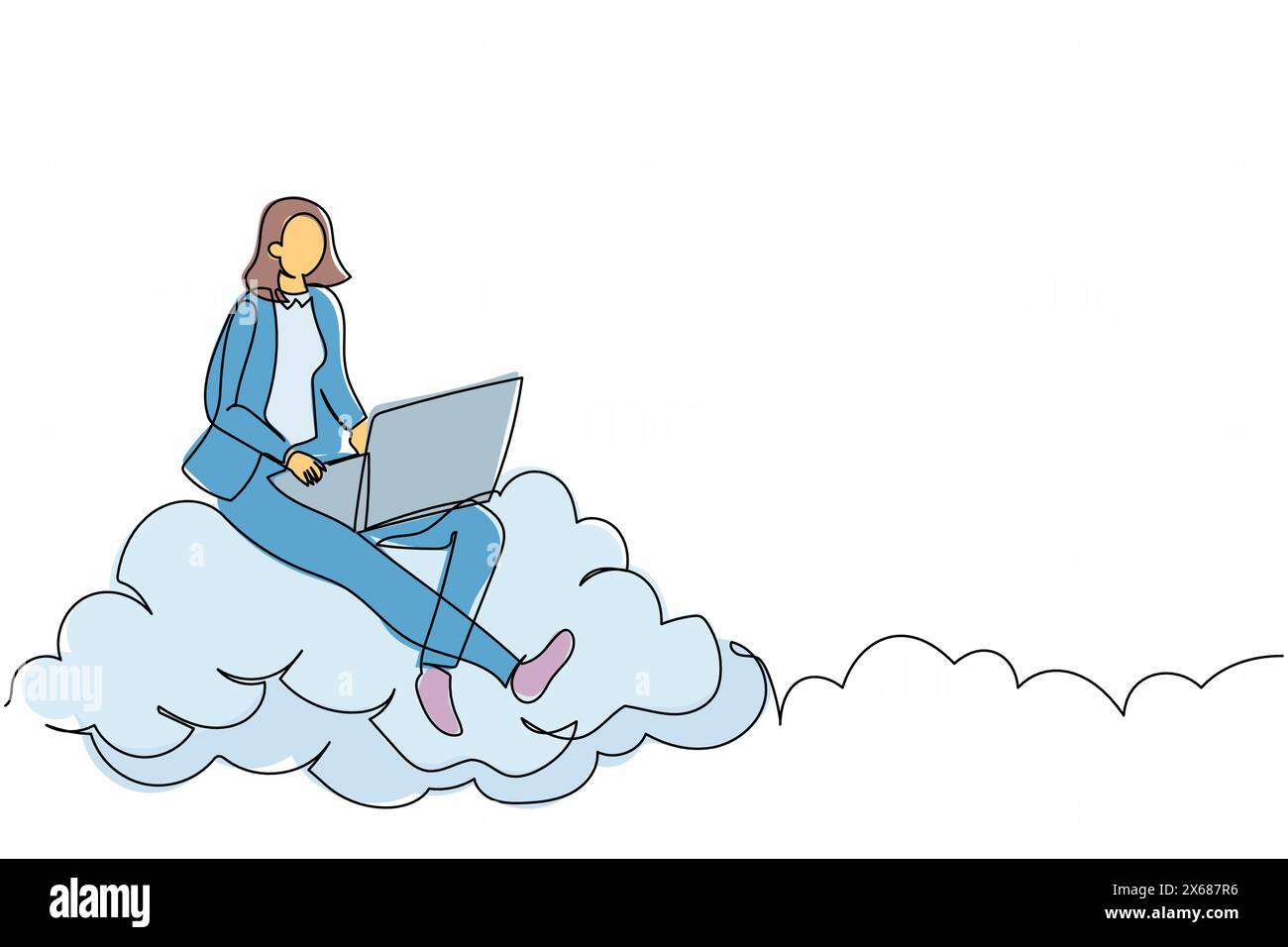 Single continuous line drawing businesswoman sitting on cloud in sky ...