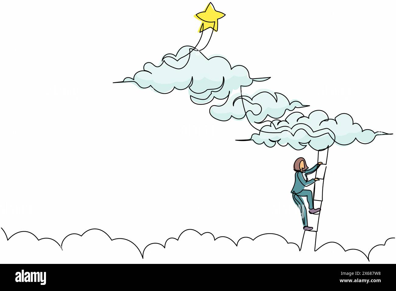 Single one line drawing active businesswoman climbing ladder to reach ...