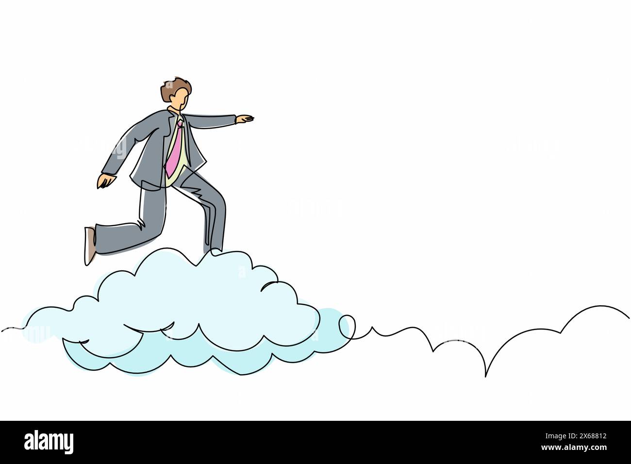 Single continuous line drawing businessman riding cloud on the sky ...
