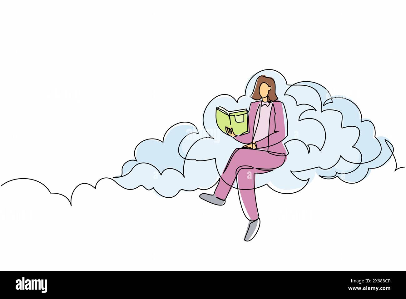 Single one line drawing clever businesswoman sitting on cloud and ...