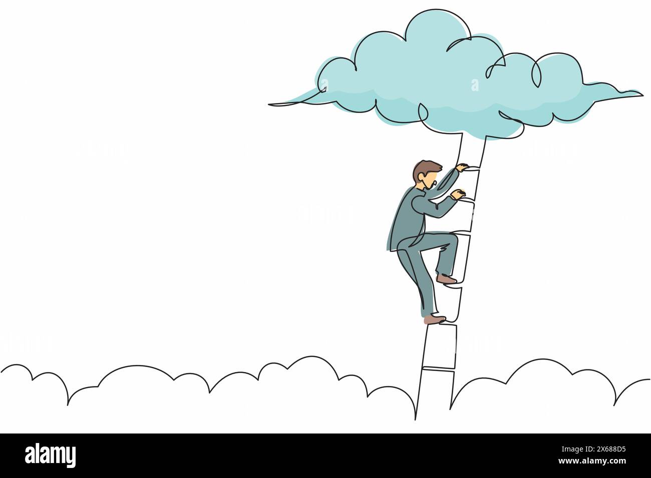 Single continuous line drawing businessman climbing up ladder to cloud ...