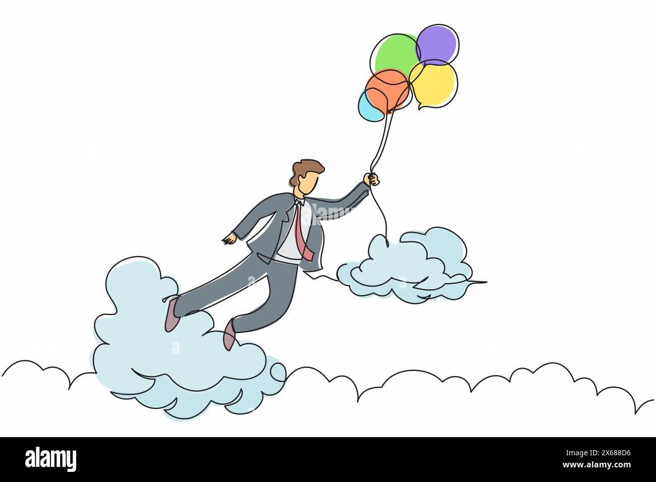 Continuous one line drawing happy wealthy businessman flying with ...