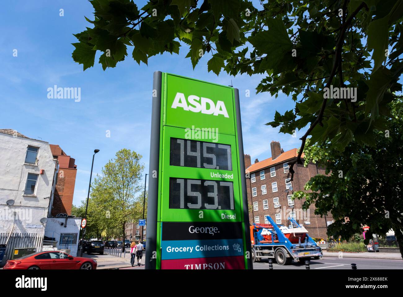 Asda supermarket chain on Old Kent Road showing the price of petrol and ...