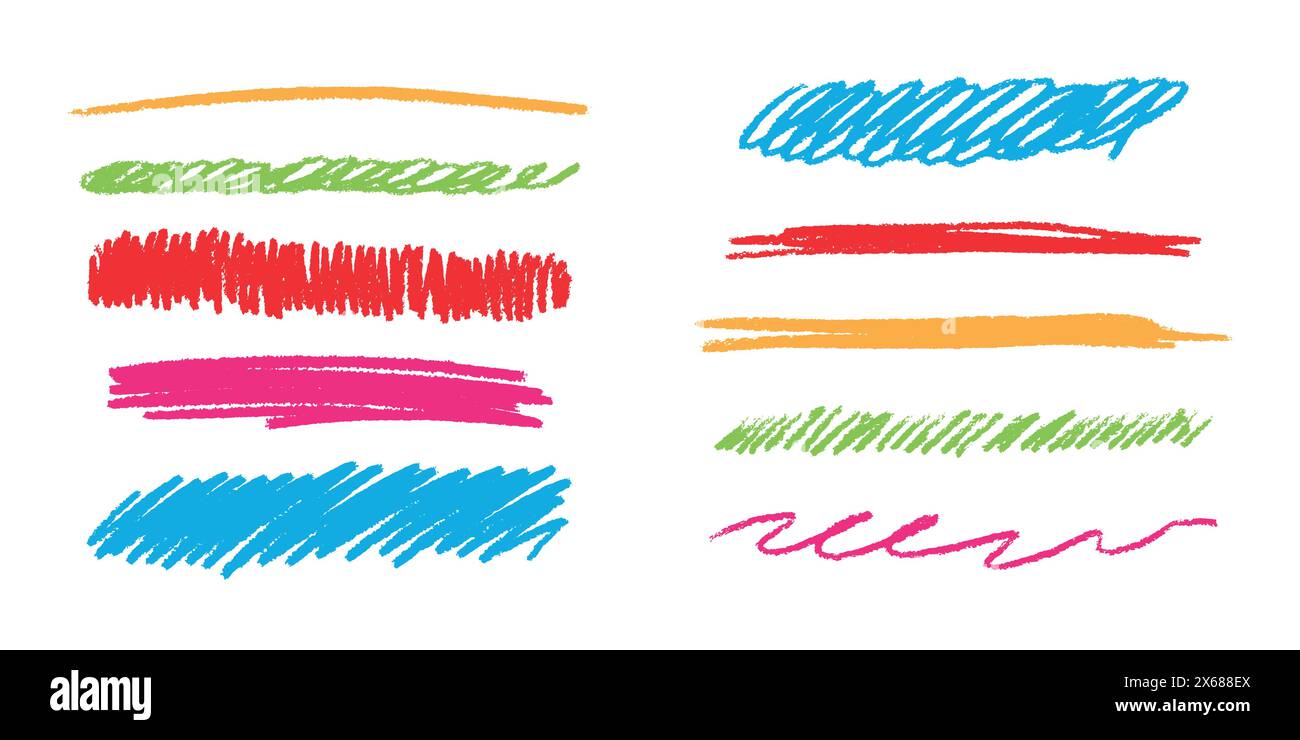 Hand drawn colored pencil lines and scribbles set on a white background ...