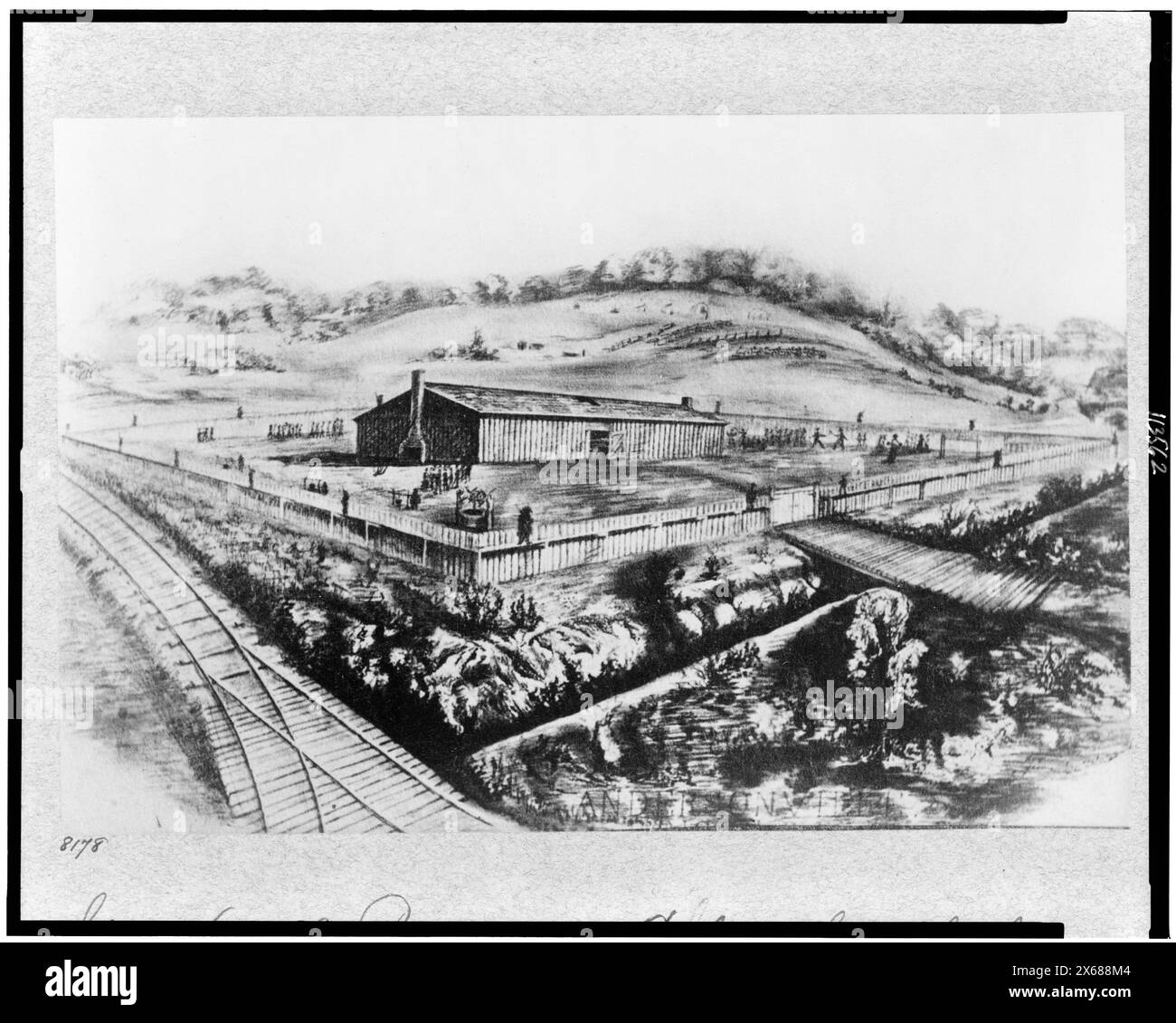 Unidentified Civil War prison and stockade next to railroad track ...