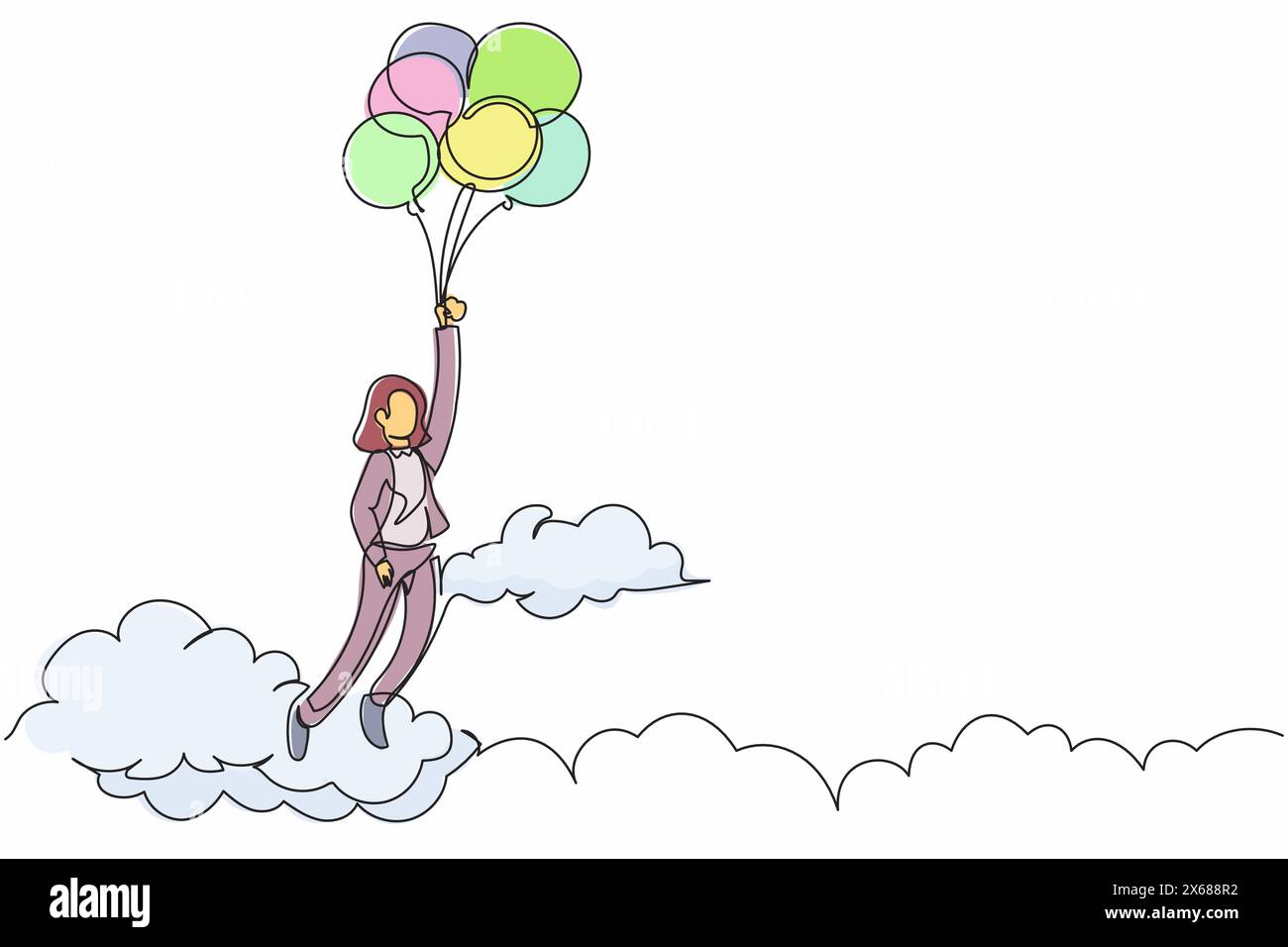 Single one line drawing happy businesswoman floating with flying ...
