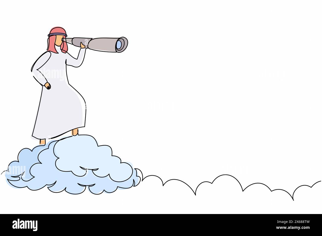 Single continuous line drawing Arab businessman on cloud holding ...
