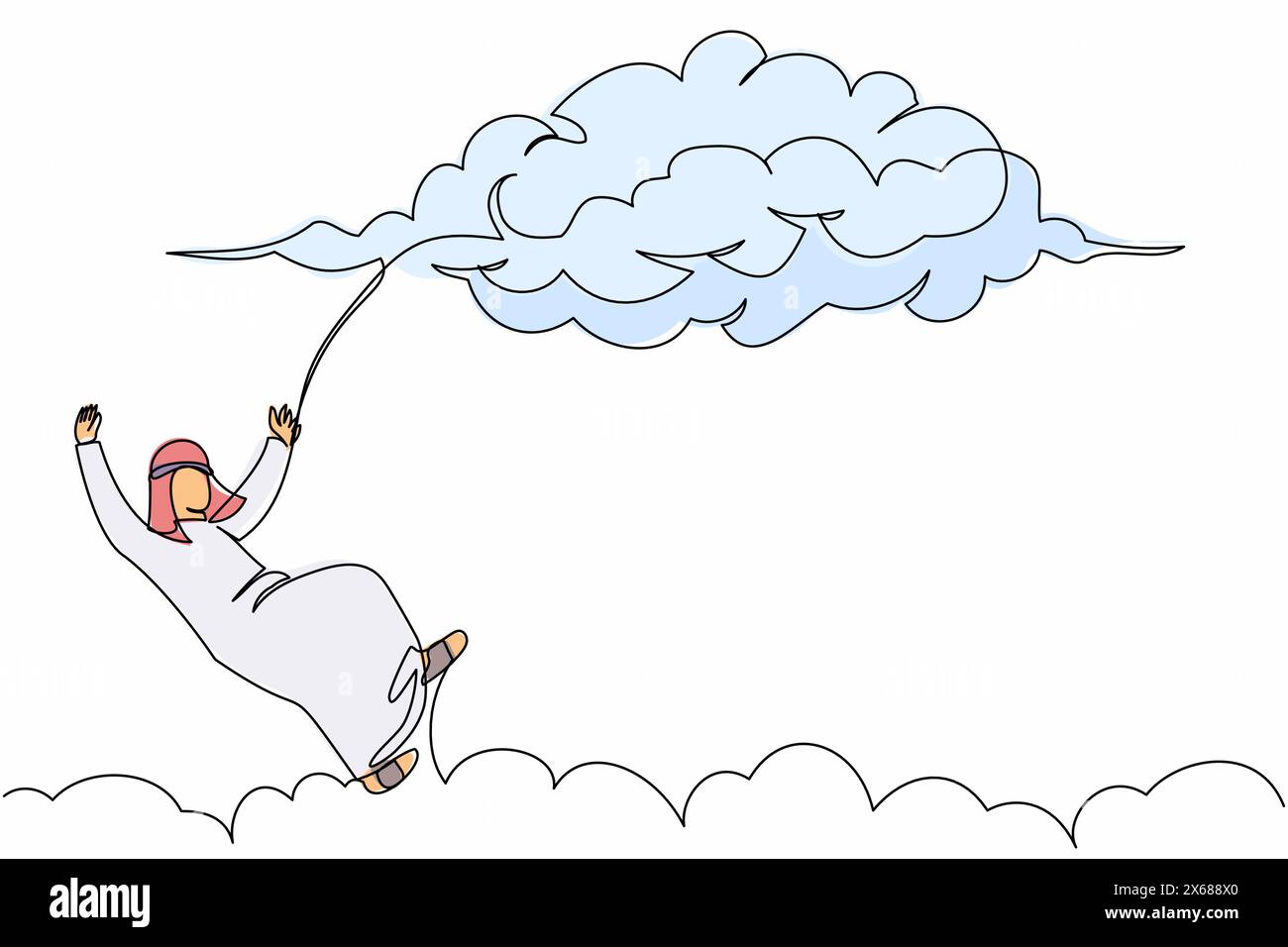 Single continuous line drawing Arab businessman falling from cloud sky ...