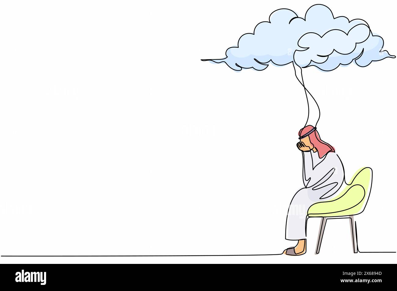 Single continuous line drawing sadness Arab businessman sitting on ...