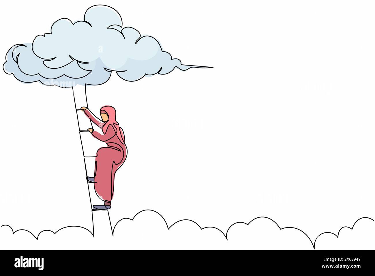 Single one line drawing Arabian businesswoman climbing up ladder to ...
