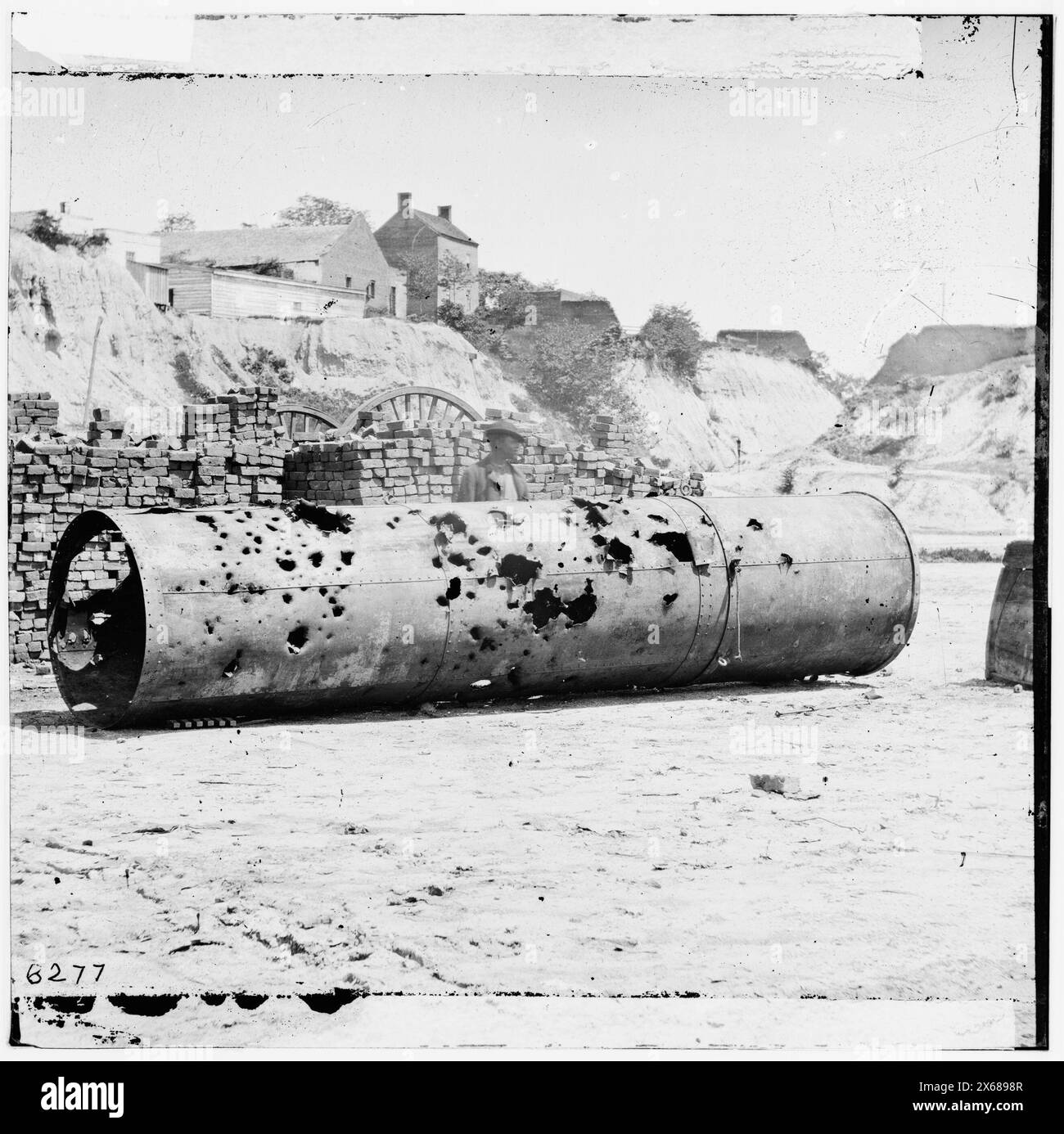 Richmond, Virginia. Smoke stack of C.S. Ram VIRGINIA No. 2. Holes made ...