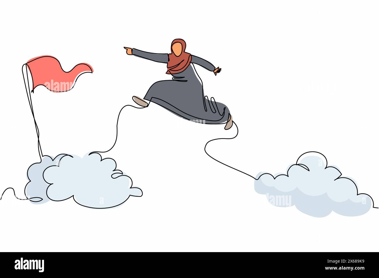 Single continuous line drawing attractive Arabian businesswoman jump ...