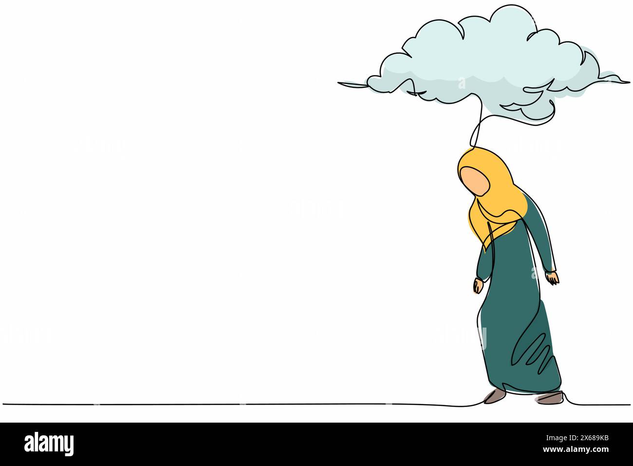 Continuous one line drawing unhappy Arabian businesswoman in stress ...