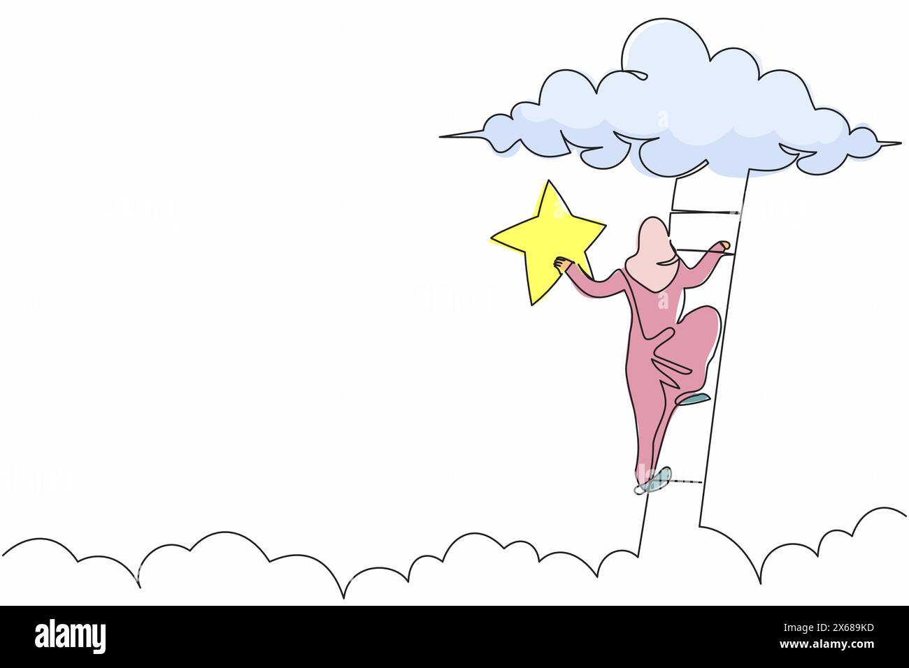 Continuous one line drawing Arab businesswoman climbing ladder and ...