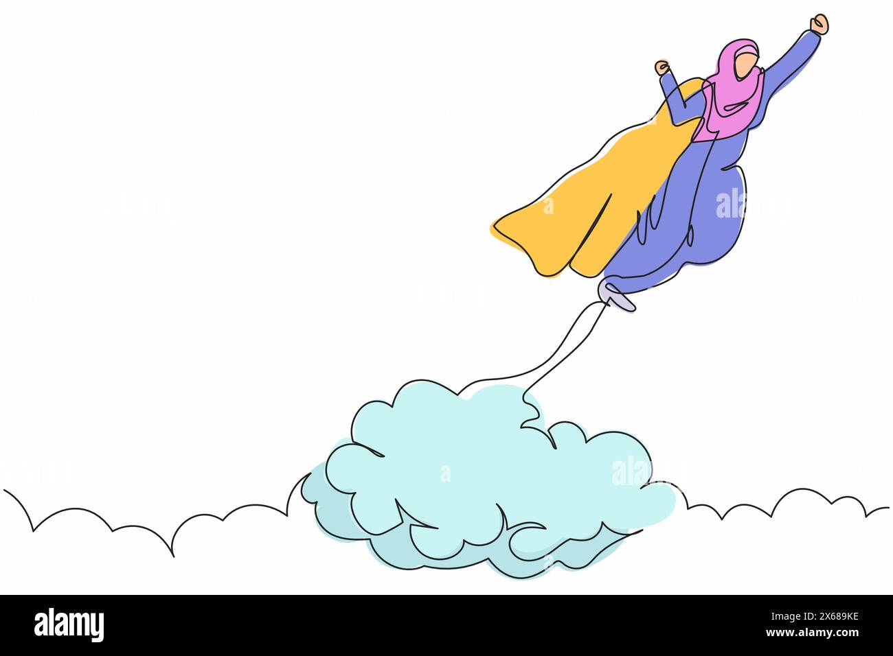 Single continuous line drawing Arabian businesswoman superhero with ...