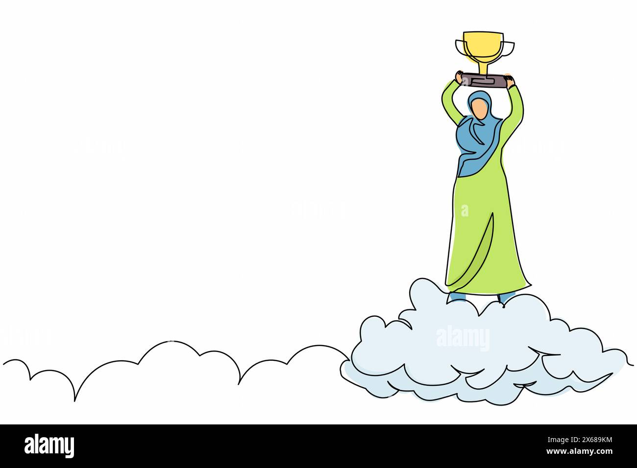 Single one line drawing Arabian businesswoman holding trophy in cloud ...