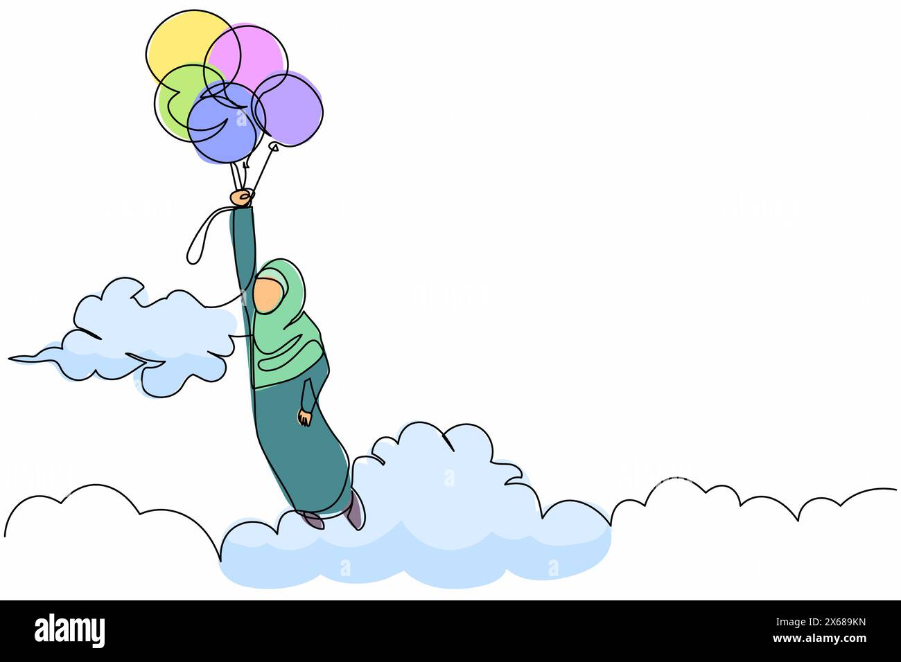 Single continuous line drawing Arabian businesswoman floating with ...