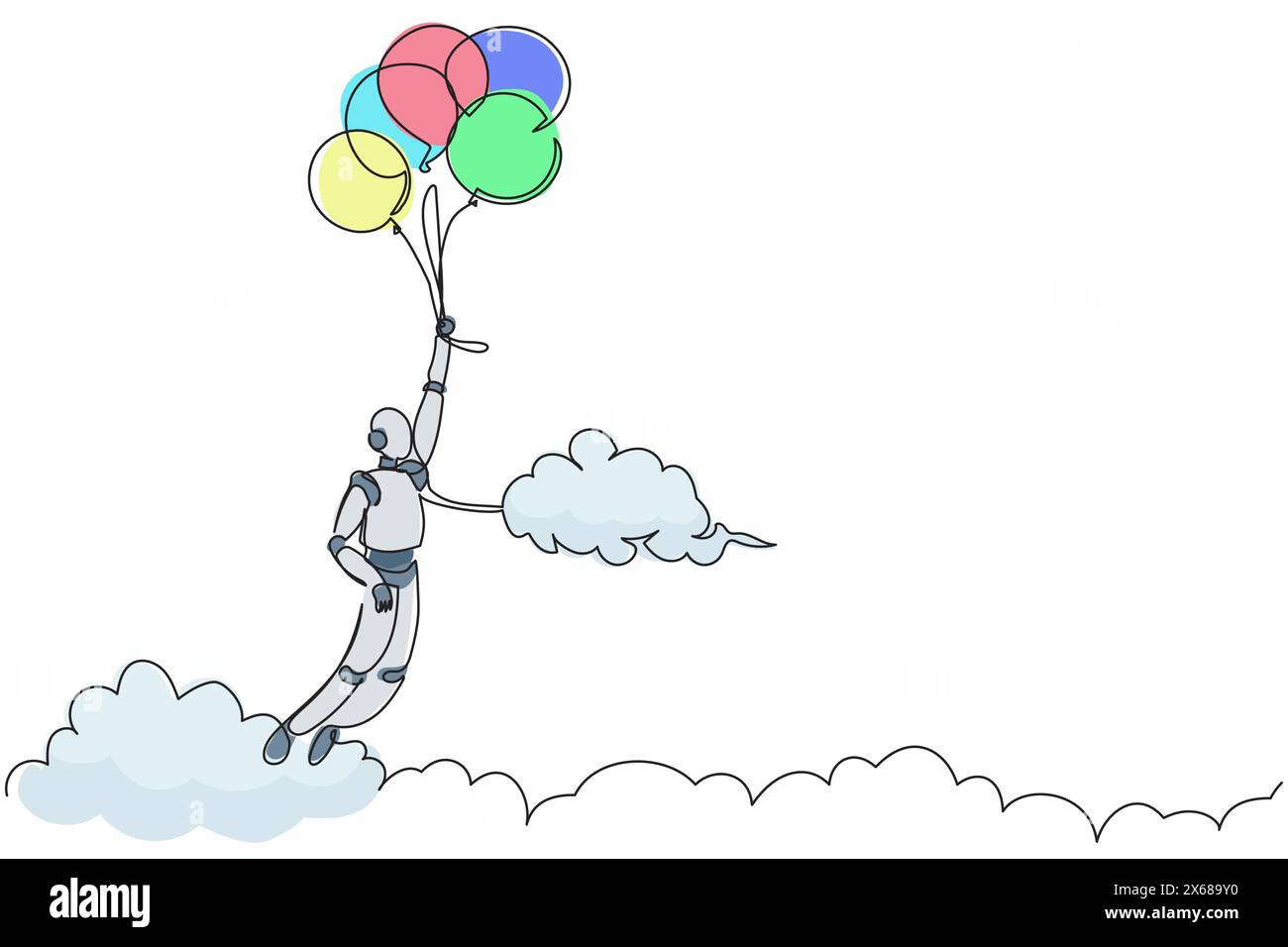 Single one line drawing robot flying with balloon through cloud ...