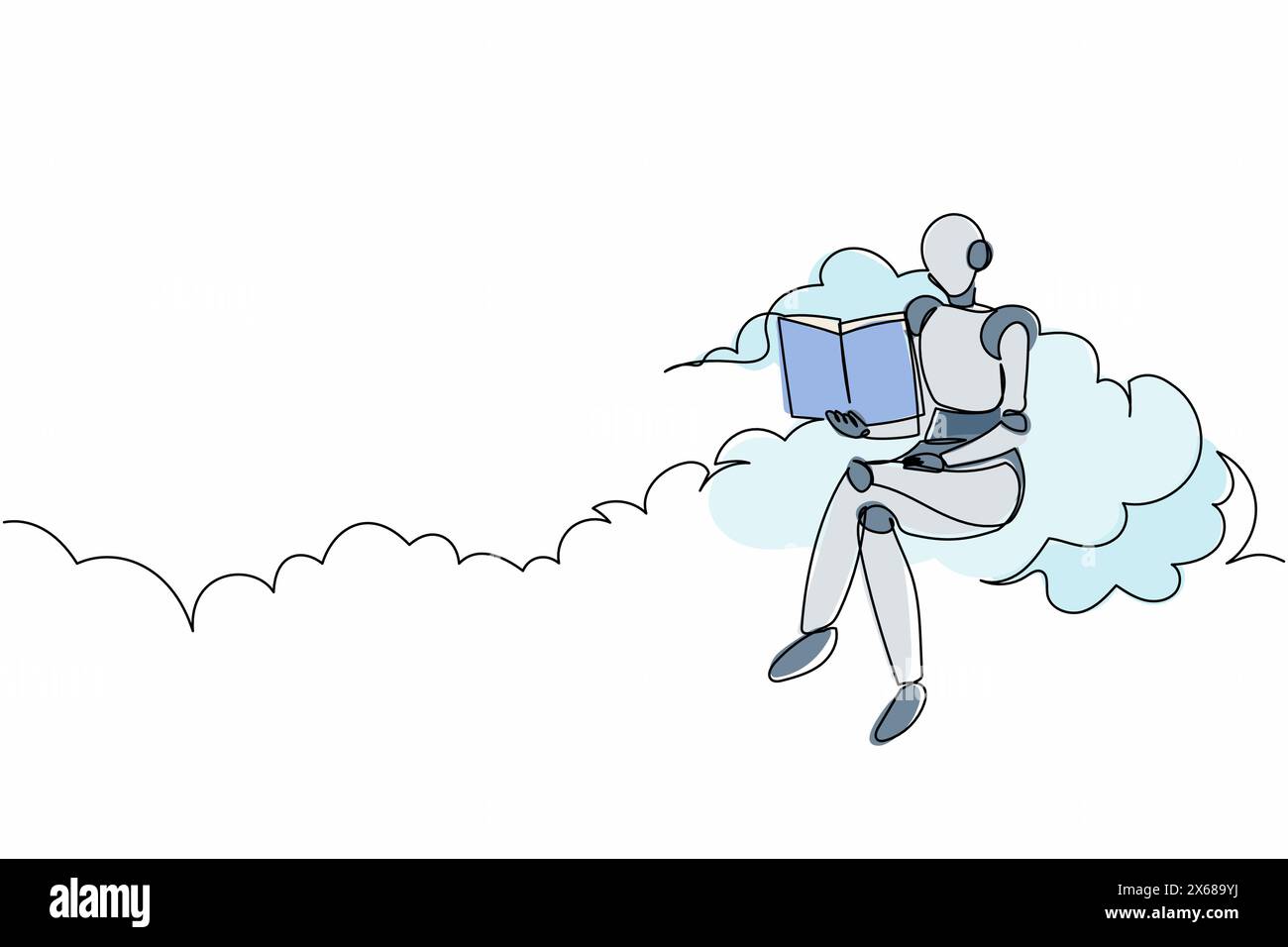 Single one line drawing robot sitting on cloud reading book. Study ...