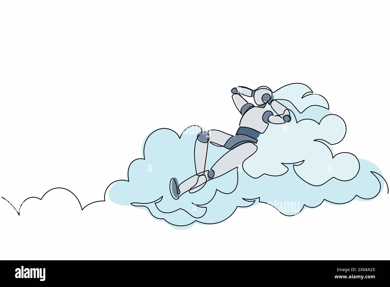 Single one line drawing happy robot relaxing laying on clouds. Future technology development ...