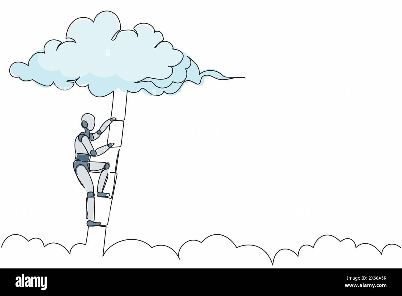 Single continuous line drawing robot climbing up ladder to cloud ...